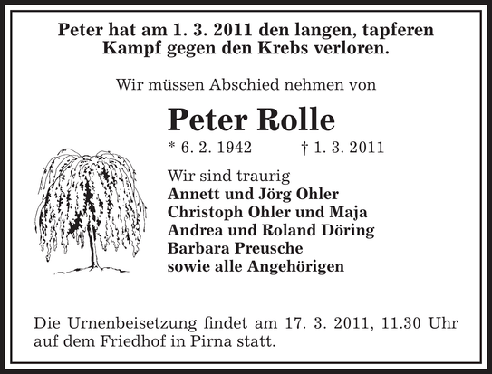 Peter Rolle : Traueranzeige : Sächsische Zeitung