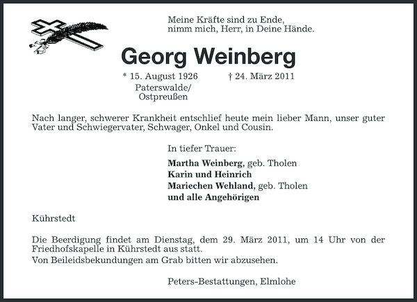 Georg Weinberg: Traueranzeige : Nordsee-Zeitung