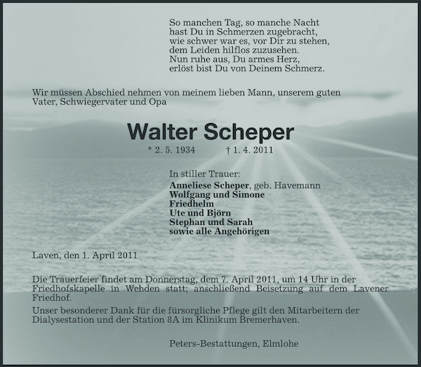Walter Scheper: Traueranzeige : Nordsee-Zeitung