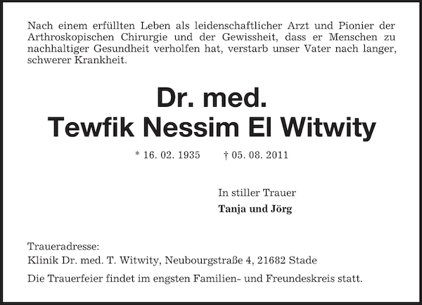 Dr. med. Tewfik Nessim El Witwity: Traueranzeige : Stader Tageblatt