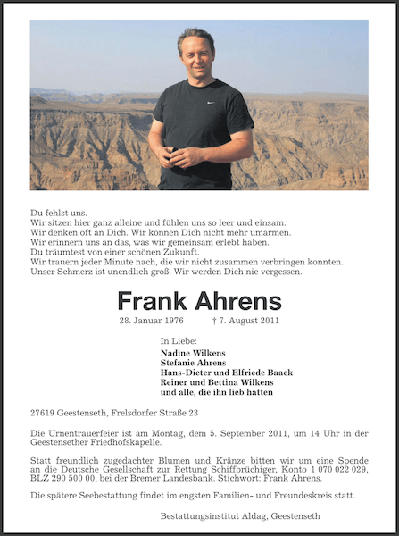 Frank Ahrens: Traueranzeige : Nordsee-Zeitung