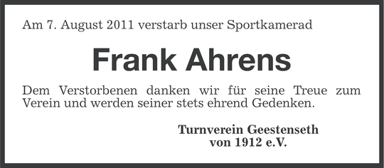 Frank Ahrens: Nachruf : Nordsee-Zeitung