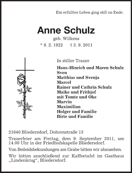 Anne Schulz : Traueranzeige : Stader Tageblatt