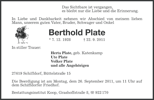 Berthold Plate: Traueranzeige : Nordsee-Zeitung
