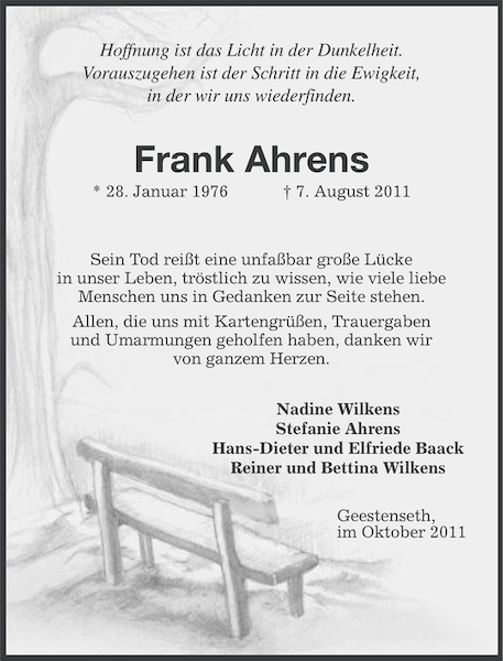Frank Ahrens: Danksagung : Nordsee-Zeitung