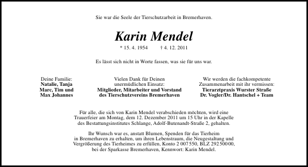 Karin Mendel: Traueranzeige : Nordsee-Zeitung