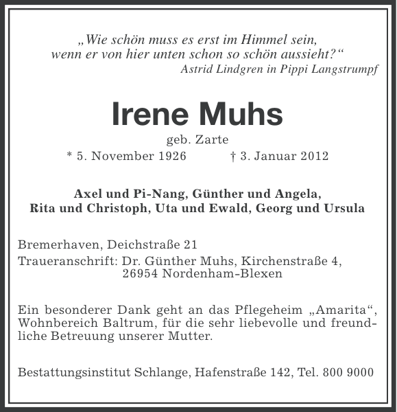 Irene Muhs: Traueranzeige : Nordsee-Zeitung