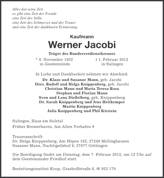 Werner Jacobi: Traueranzeige : Nordsee-Zeitung
