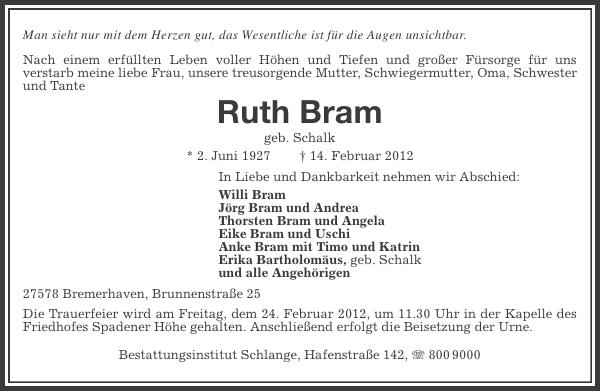Ruth Bram: Traueranzeige : Nordsee-Zeitung