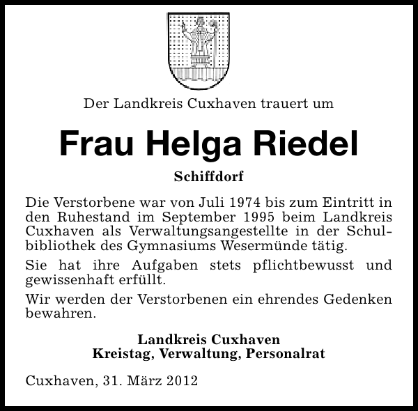 Frau Helga Riedel : Nachruf : Nordsee-Zeitung