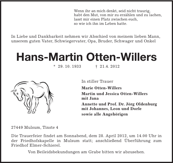 Hans-Martin Otten-Willers: Traueranzeige : Stader Tageblatt