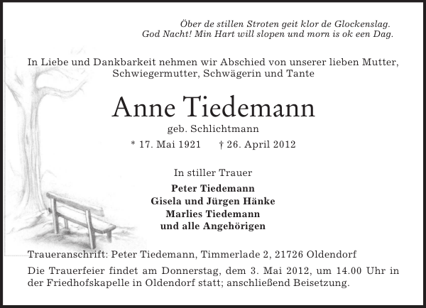 Anne Tiedemann: Traueranzeige : Stader Tageblatt