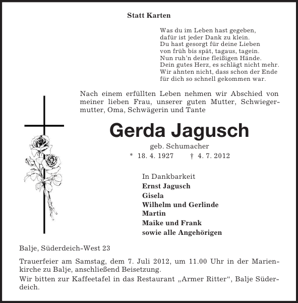 Gerda Jagusch : Traueranzeige : Stader Tageblatt