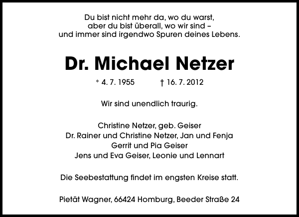 Dr. Michael Netzer: Gedenken : Nordsee-Zeitung