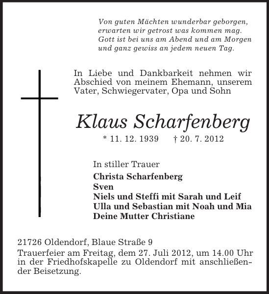 Klaus Scharfenberg: Traueranzeige : Stader Tageblatt
