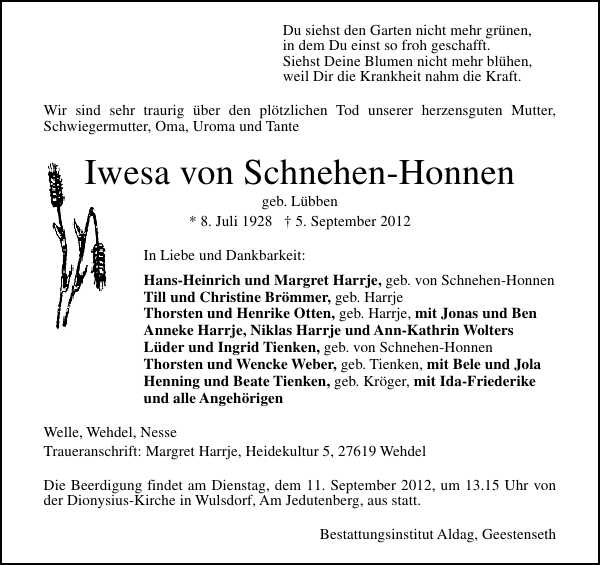 Iwesa von Schnehen-Honnen: Gedenken : Nordsee-Zeitung