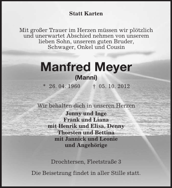 Manfred Meyer : Traueranzeige : Stader Tageblatt