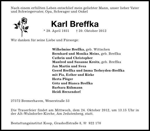 Karl Breffka: Gedenken : Nordsee-Zeitung