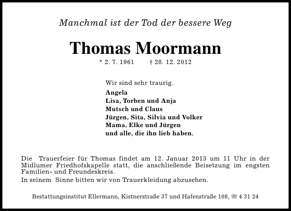 Thomas Moormann: Gedenken : Nordsee-Zeitung