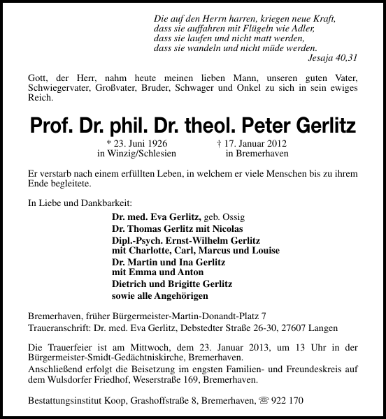 Prof. Dr. phil. Dr. theol. Peter Gerlitz: Gedenken : Nordsee-Zeitung