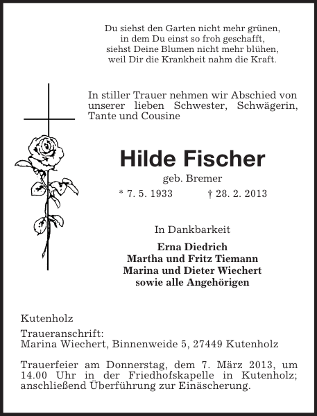 Hilde Fischer: Traueranzeige : Stader Tageblatt