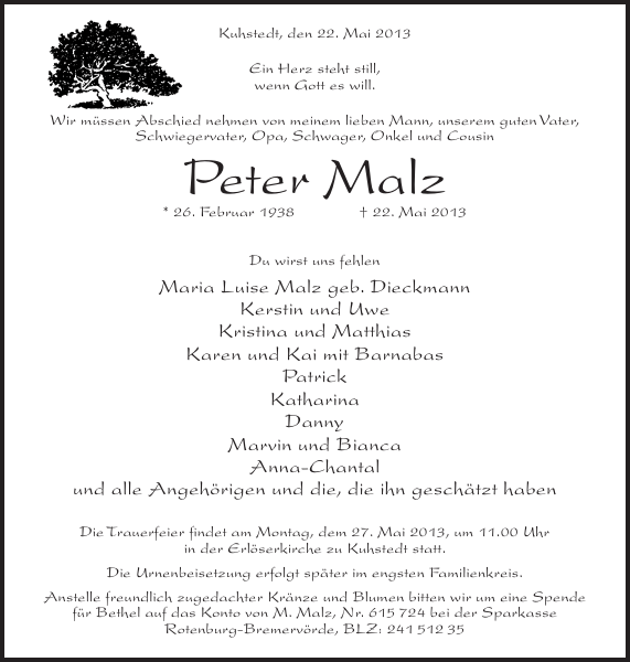 Peter Malz : Traueranzeige : Bremervörder Zeitung