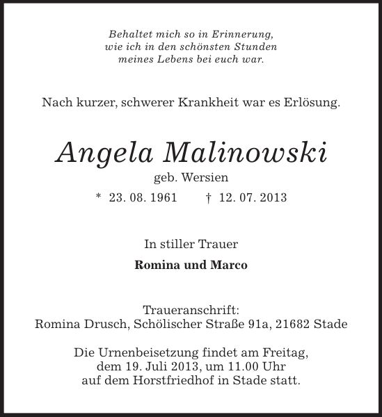 Angela Malinowski: Traueranzeige : Stader Tageblatt