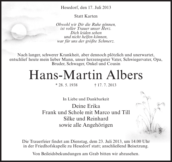 Hans-Martin Albers : Traueranzeige : Bremervörder Zeitung