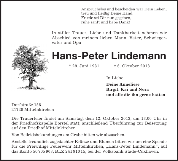 Hans-Peter Lindemann: Traueranzeige : Stader Tageblatt