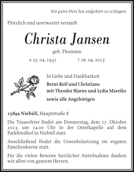 Christa Jansen: Traueranzeige : Nordfriesland Tageblatt