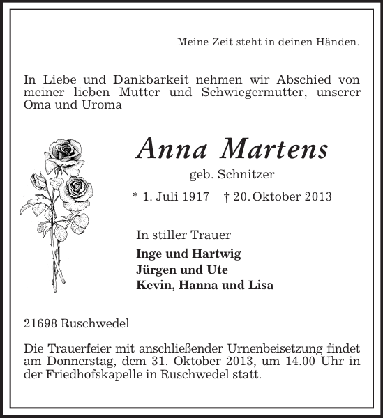Anna Martens: Traueranzeige : Stader Tageblatt