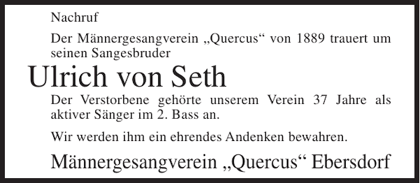 Ulrich von Seth : Nachruf : Bremervörder Zeitung