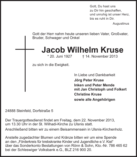Jacob Wilhelm Kruse: Traueranzeige : Schleswiger Nachrichten