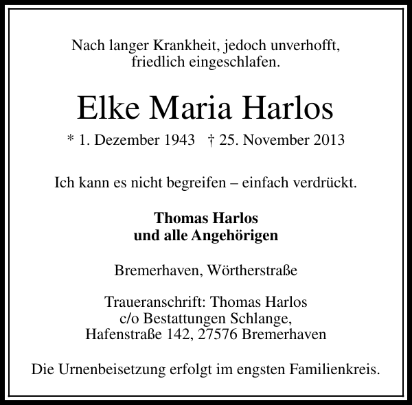 Elke Maria Harlos: Gedenken : Nordsee-Zeitung