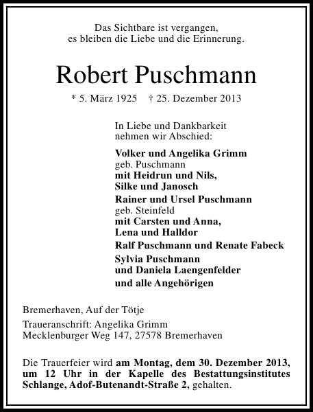 Robert Puschmann: Gedenken : Nordsee-Zeitung