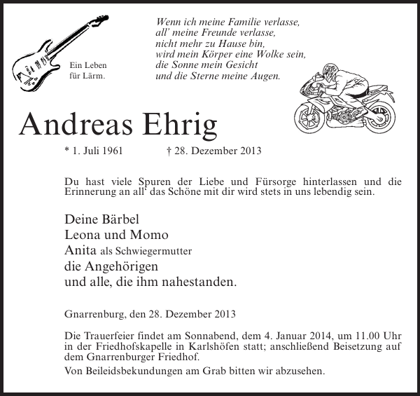 Andreas Ehrig: Traueranzeige : Bremervörder Zeitung