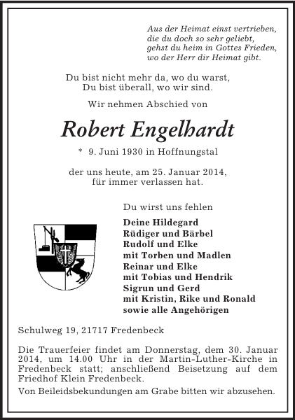 Robert Engelhardt : Traueranzeige : Stader Tageblatt