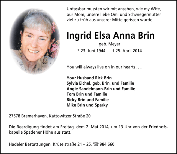 Ingrid Elsa Anna Brin: Gedenken : Nordsee-Zeitung
