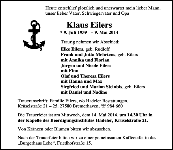 Klaus Eilers: Gedenken : Nordsee-Zeitung