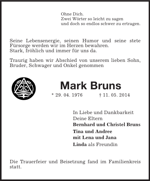 Mark Bruns : Traueranzeige : Stader Tageblatt