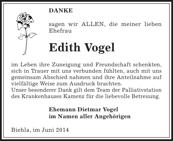 Edith Vogel : Danksagung : Sächsische Zeitung