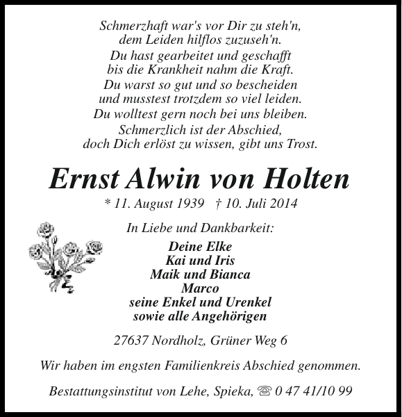 Ernst Alwin von Holten: Gedenken : Nordsee-Zeitung