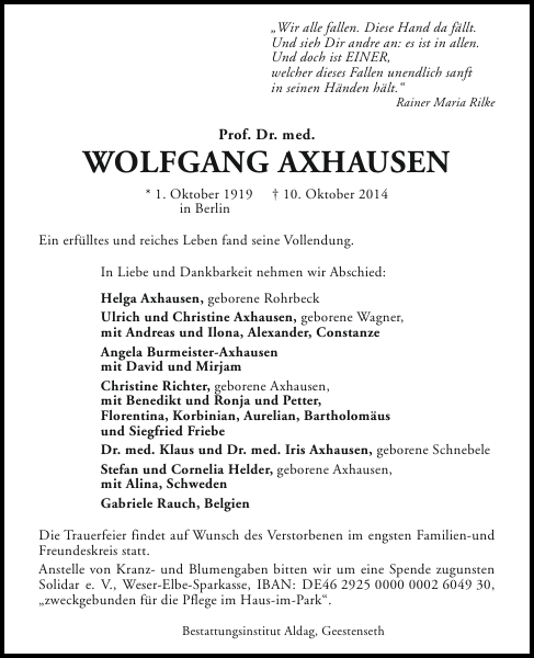 WOLFGANG AXHAUSEN: Gedenken : Nordsee-Zeitung