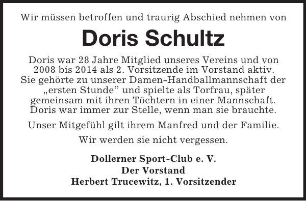 Doris Schultz: Nachruf : Stader Tageblatt
