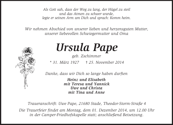 Ursula Pape: Traueranzeige : Stader Tageblatt