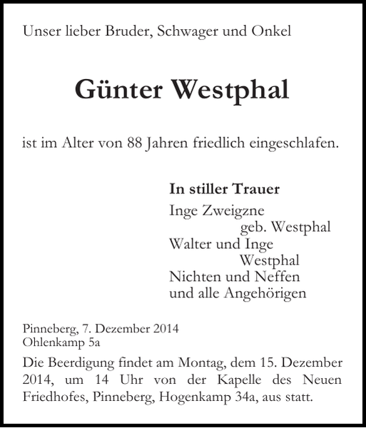 Günter Westphal : Traueranzeige : Pinneberger Tageblatt