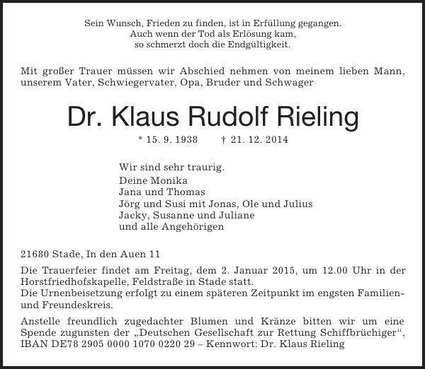 Dr. Klaus Rudolf Rieling : Traueranzeige : Stader Tageblatt
