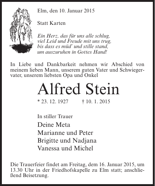 Alfred Stein: Traueranzeige : Bremervörder Zeitung
