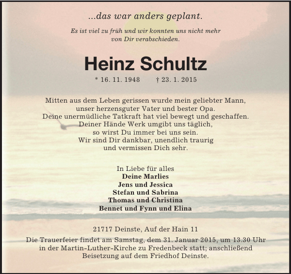 Heinz Schultz: Traueranzeige : Stader Tageblatt