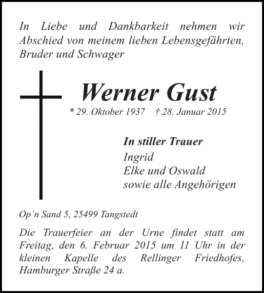 Werner Gust: Traueranzeige : Pinneberger Tageblatt
